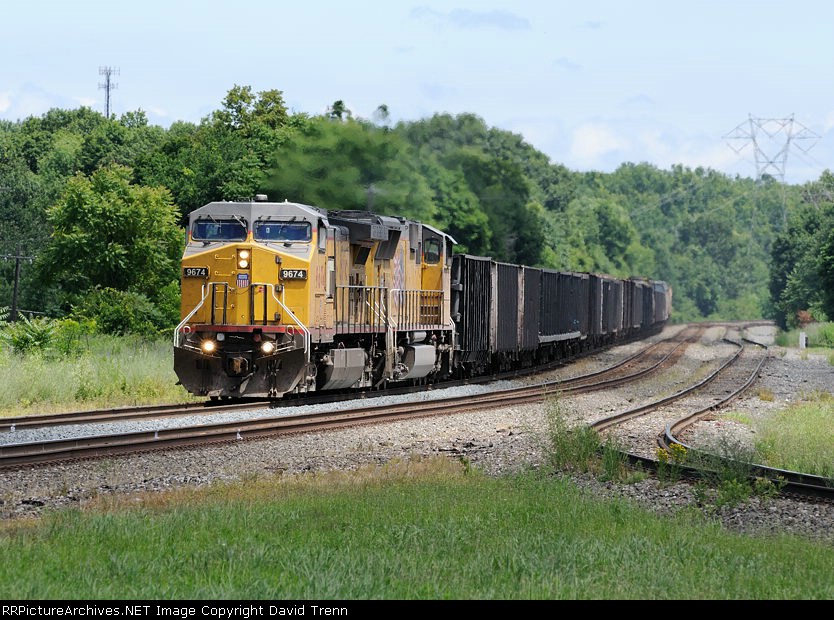 UP 9674 leads Westbound CSX Q351 at MP 127.8 on track number one.